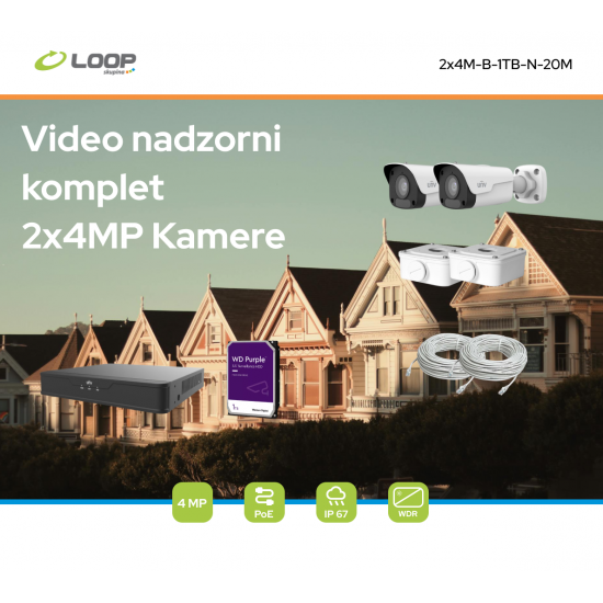 VIDEO NADZORNI KOMPLET 2x4MP: 1x PoE snemalnik, 2x 4MP kamera, 2x podnožja za kamere, 2x 20m UTP ...